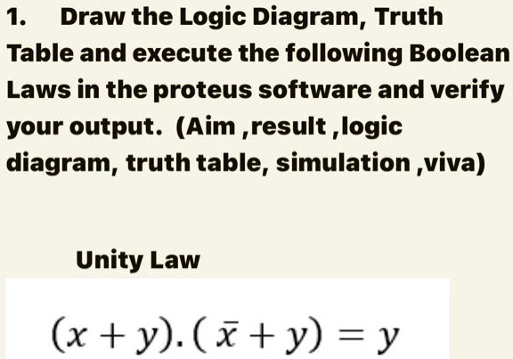 SOLVED: 1. Draw the Logic Diagram, Truth Table and execute the following Boolean Laws in the ...
