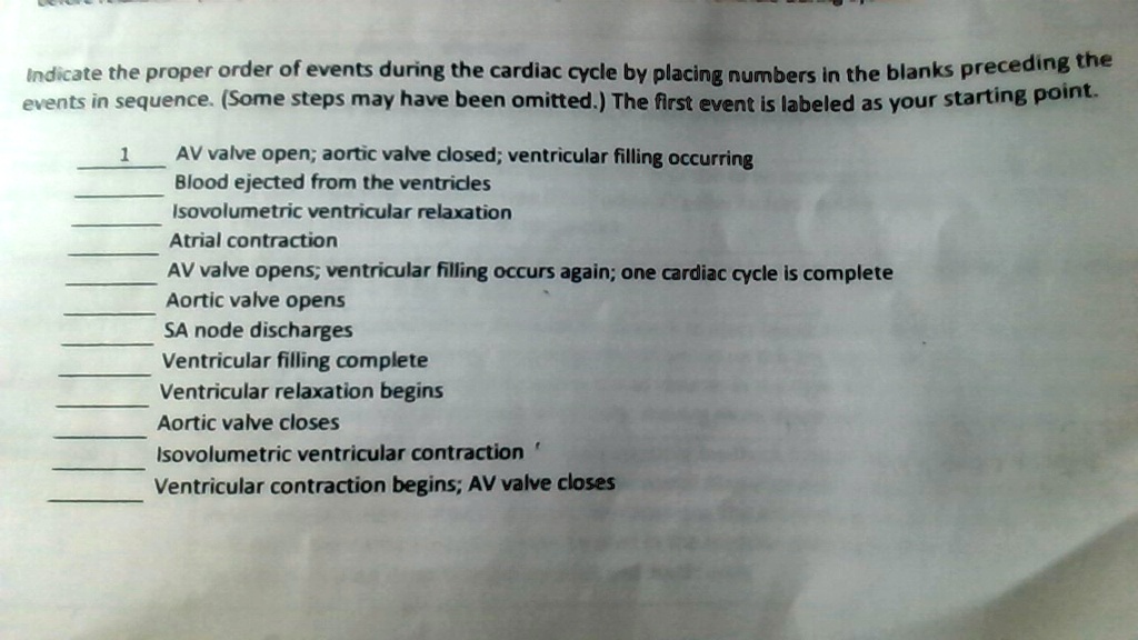 SOLVED: Indicate the proper order of events during the cardiac cycle by ...