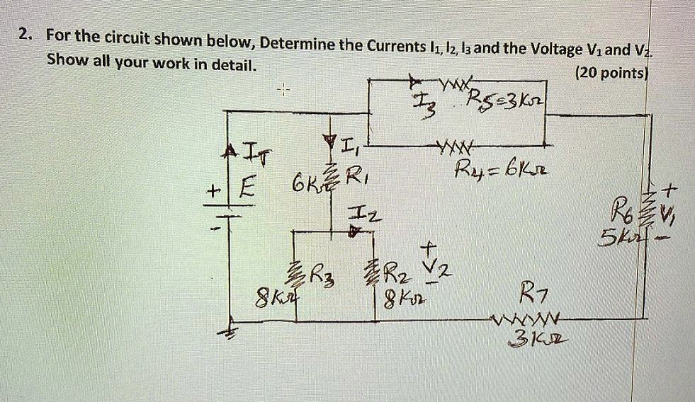 2. For the circuit shown below, Determine the Currents I1, I2, I3 and the Voltage V1 and V2 ...