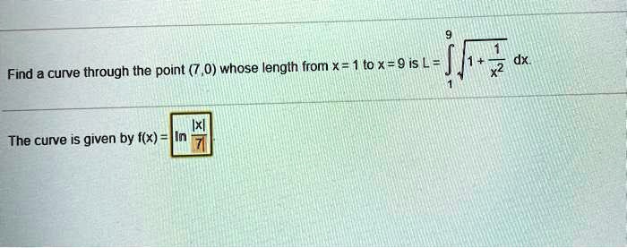 SOLVED: Find curve through the point (Z7,0) whose length from X = 1 tox=gisL=f / dx The curve iS ...