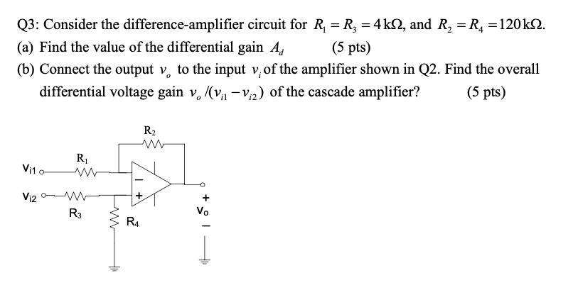 SOLVED: Q3: Consider the difference-amplifier circuit for R1 = R2 = 4 kÎ©, and R3 = R4 = 120 kÎ ...