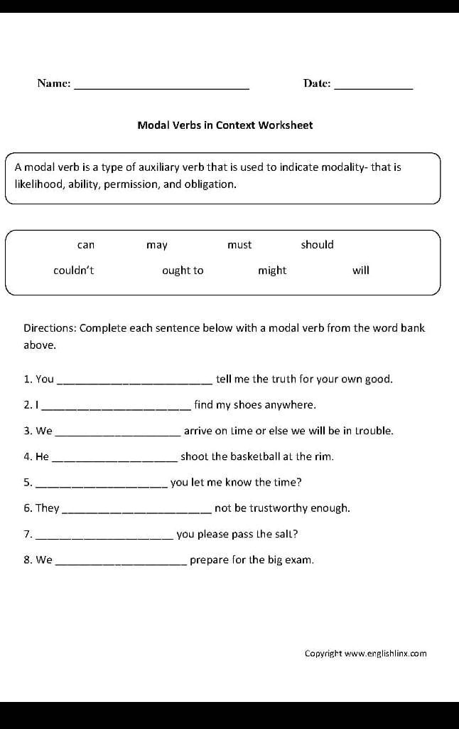 SOLVED: Please give me answers quickly. Name: Dule: Modal Verbs in ...