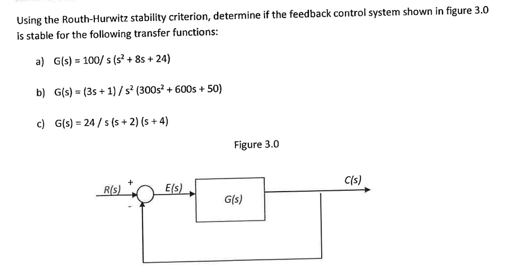 SOLVED: Using the Routh-Hurwitz stability criterion, determine if the ...