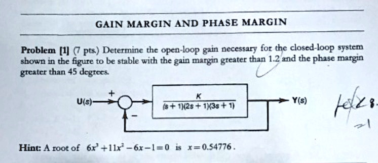 GAIN MARGIN AND PHASE MARGIN Problem [1] (7 pts.) Determine...