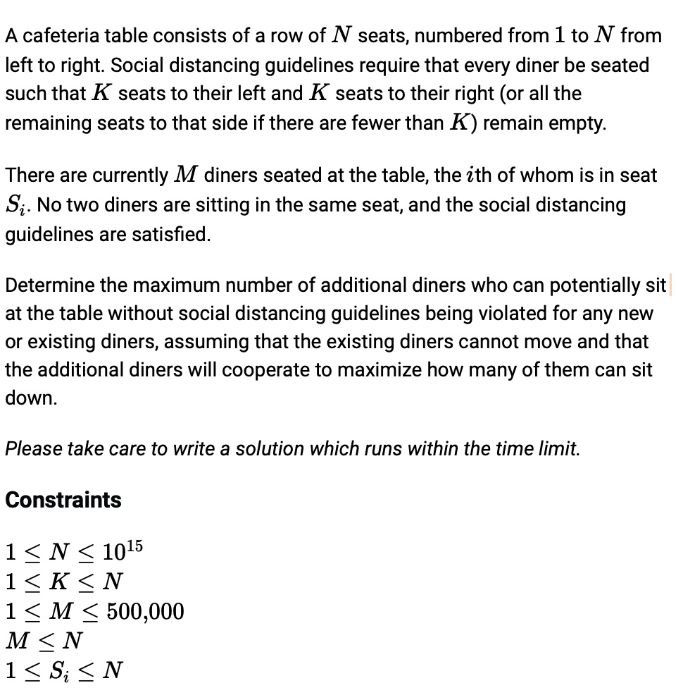 A cafeteria table consists of a row of N seats, numbered from 1 to N ...