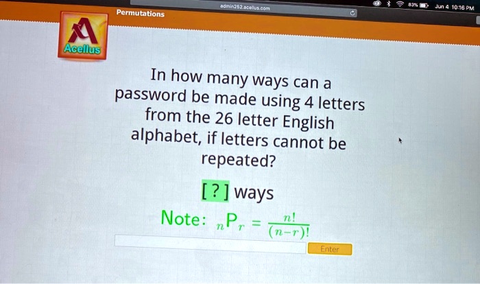 SOLVED: Permutations Acellus In how many ways can a password be made ...
