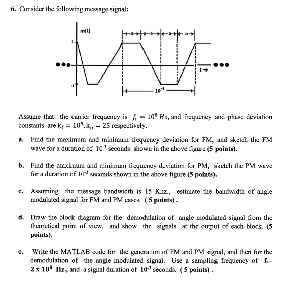Solved 6 Consider The Following Message Signal M T Assume That The