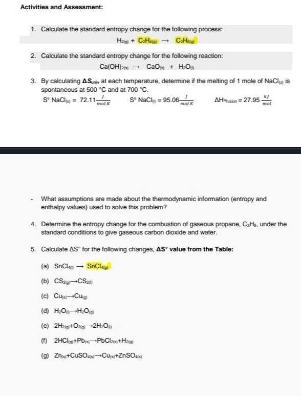 SOLVED: Activities and Assessment: 1. Calculate the standard entropy change for the following ...