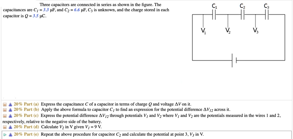 SOLVED: Three capacitors are connected in series as shown in the figure ...