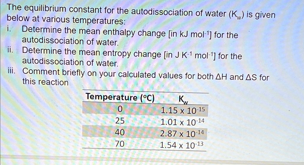 SOLVED: The equilibrium constant for the autodissociation of water (K(w ...