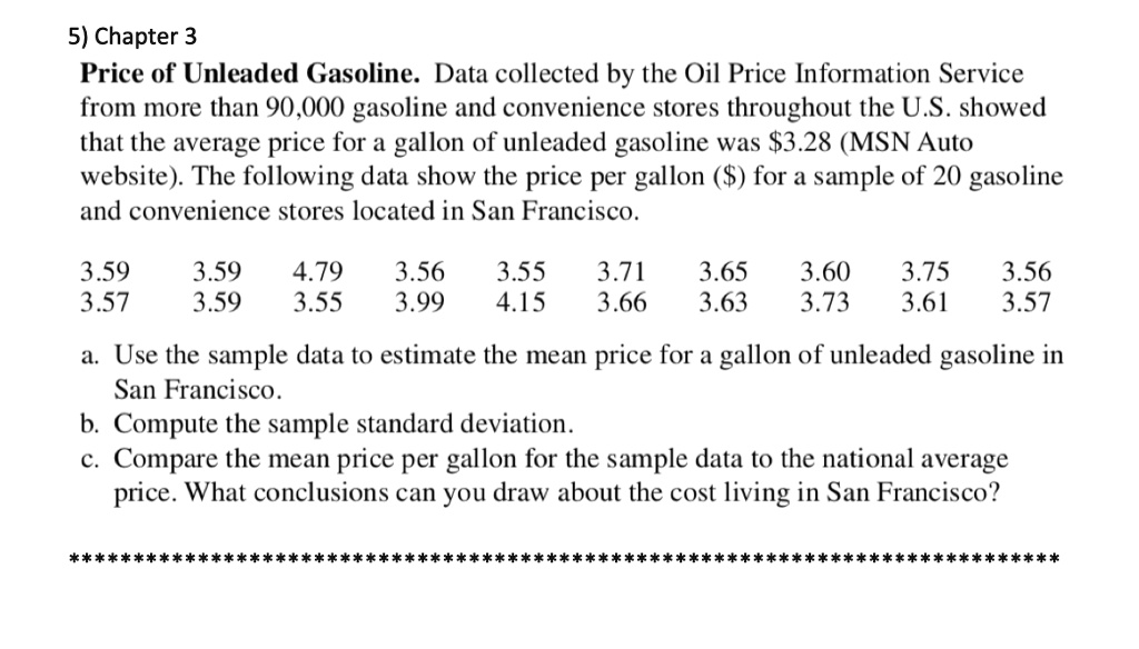 SOLVED: Chapter 3: Price of Unleaded Gasoline Data collected by the Oil ...