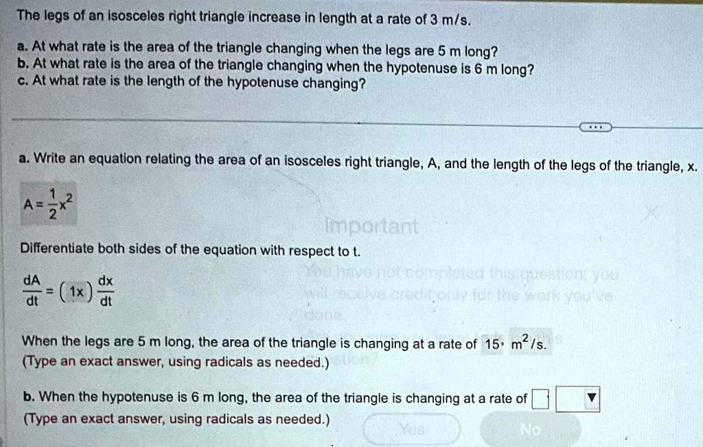 SOLVED: Texts: The legs of an isosceles right triangle increase in ...