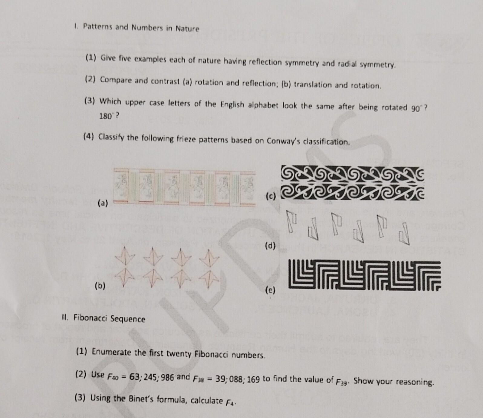 1. Patterns and Numbers in Nature (1) Give five examples each of nature having reflection ...