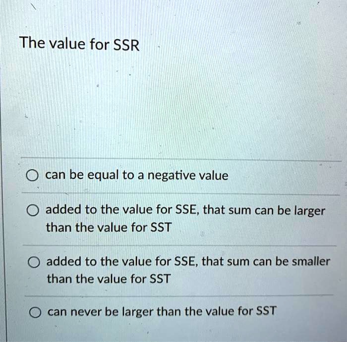SOLVED:The value for SSR can be equal to a negative value added to the ...