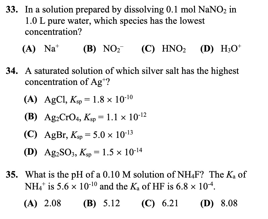 33. In a solution prepared by dissolving 0.1 mol NaNO2 in 1.0 L pure ...