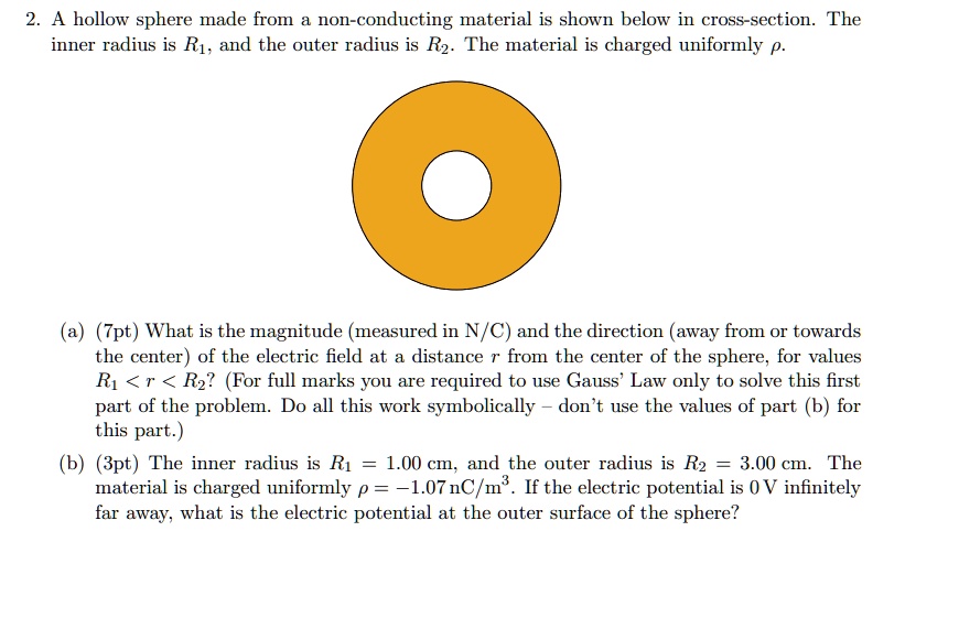 SOLVED: A hollow sphere made from a non-conducting material is shown below cross-section. The ...