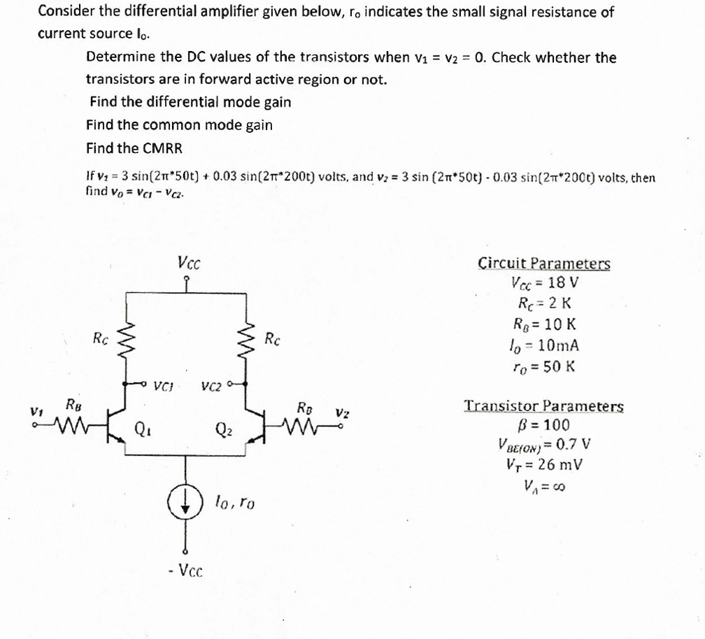 SOLVED: Consider the following amplifier given below: Consider the differential amplifier given ...
