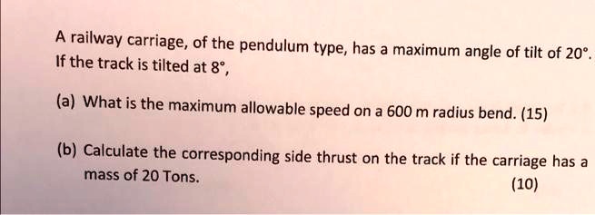 SOLVED: A railway carriage, of the pendulum type, has a maximum angle ...