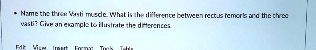 SOLVED: Biomechanics Name the three Vasti muscles: What is the ...