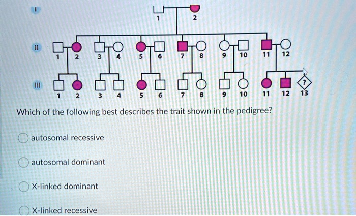 SOLVED: Which of the following best describes the trait shown in the pedigree? autosomal ...