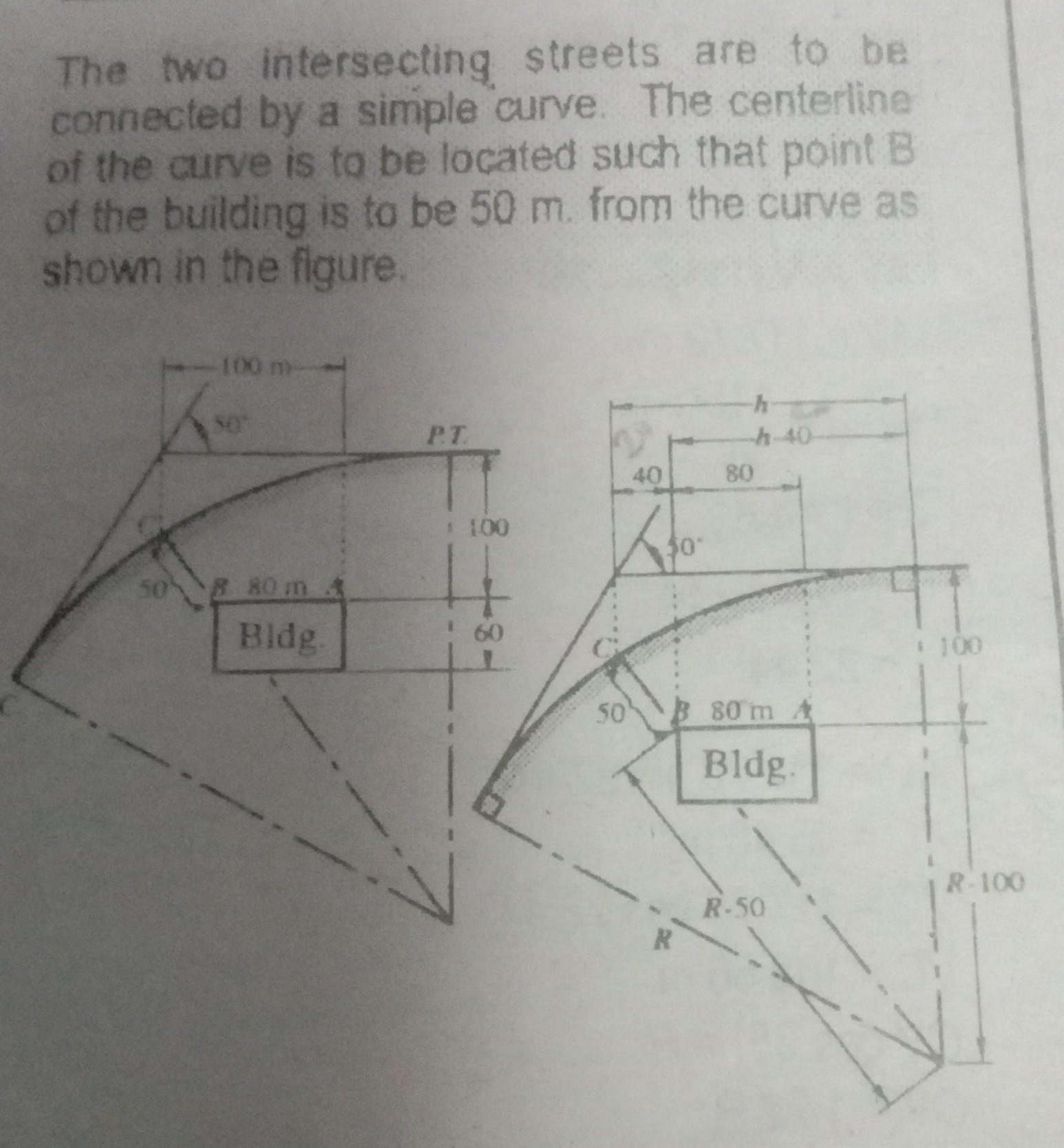 The two intersecting streets are to be connected by a simple curve. The centerline of the curve ...