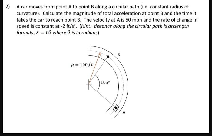 2) A car moves from point A to point B along a circular path (i.e. constant radius of curvature ...