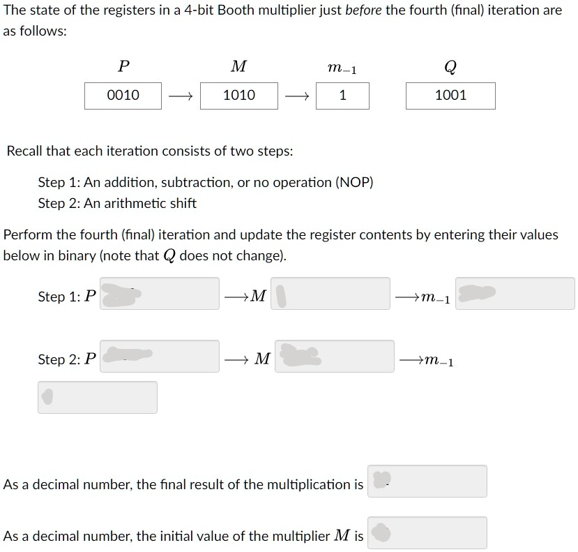 SOLVED: The state of the registers in a 4-bit Booth multiplier just ...
