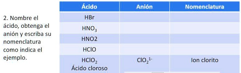 SOLVED: Me ayudan por favor. es para mañana :(( Ácido HBr Anión ...