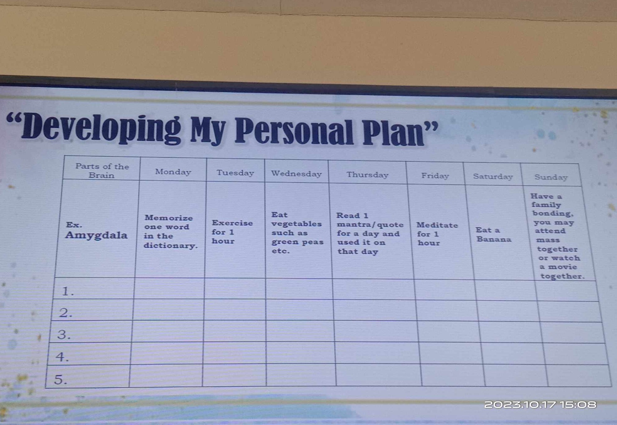 "Developing My Personal Plan" Parts of the Brain Monday Tuesday ...