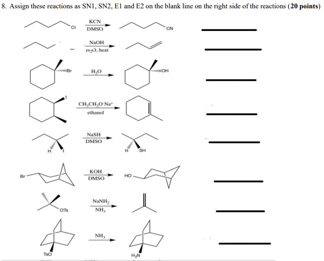 SOLVED: Assign these reactions as SNI, SN2, El, and E2 on the blank ...
