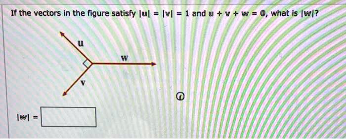 SOLVED: If the vectors in the figure satisfy |ul = |vl = 1 and u + v + w = 0, what is |wl? |wl