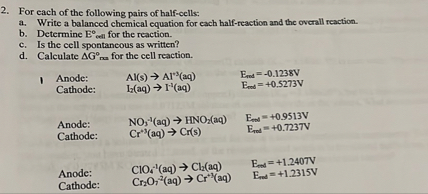 SOLVED: 2. For each of the following pairs of half-cells: a. Write a balanced chemical equation ...