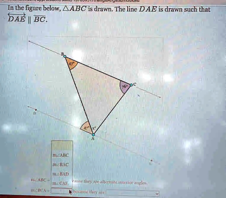 SOLVED: In the figure below, triangle ABC is drawn. The line DAE is drawn such that DAE is ...