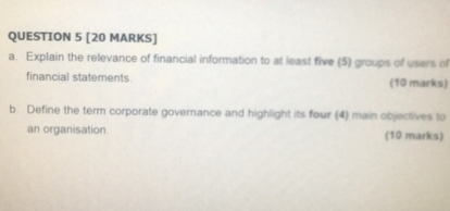 QUESTION 5 [20 MARKS] a. Explain the relevance of financial information ...