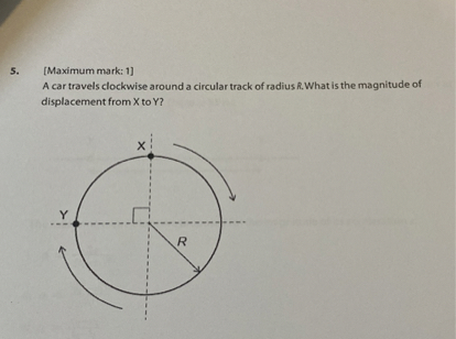 SOLVED: 5. [Maximum mark: 1] A car travels clockwise around a circular track of radius R. What ...