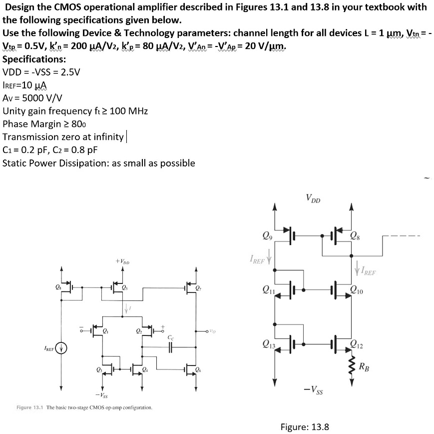 SOLVED: Design the CMOS operational amplifier described in Figures 13.1 and 13.8 in your ...