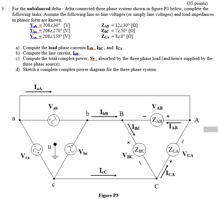 3. (35 points) For the unbalanced delta - delta connected three phase system shown in figure P3 ...