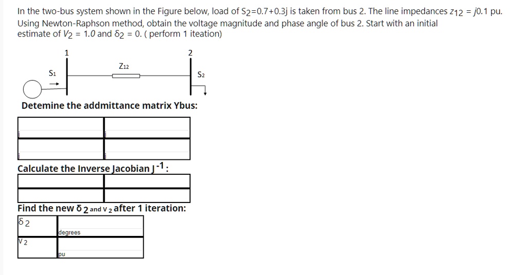 SOLVED: In the two-bus system shown in the Figure below, the load of S2 = 0.7 + 0.3j is taken ...