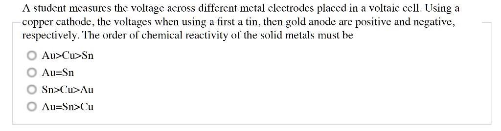 SOLVED: A student measures the voltage across different metal ...