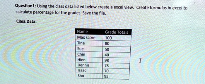 Solved Question 1 Using The Class Data Listed Below Create An Excel View Create Formulas In