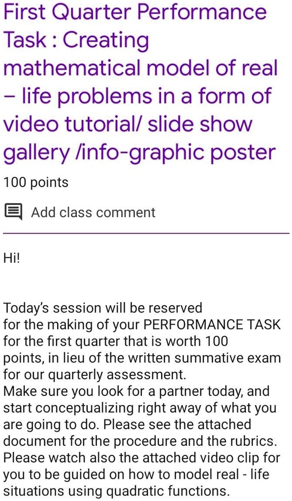 SOLVED: Please help me make one. First Quarter Performance Task: Creating a mathematical model ...