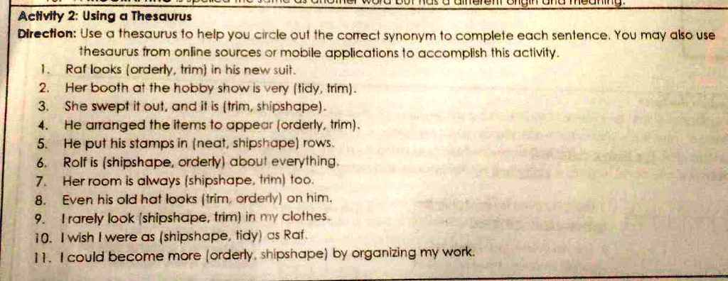 Activity 2: Using a Thesaurus Direction: Use a thesaurus to help you ...