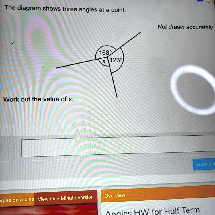The diagram shows three angles at a point. Work out the value of x. 168° x 123° Not drawn accurately