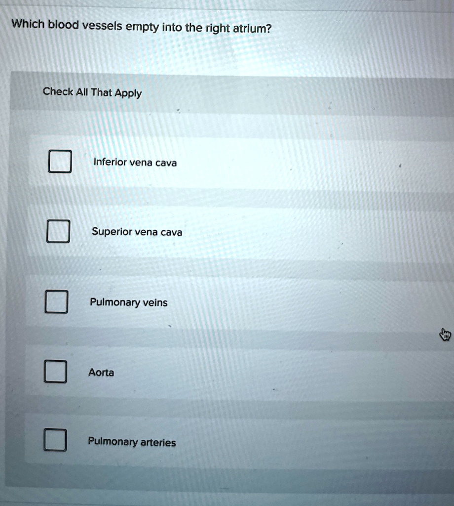 Which blood vessels empty into the right atrium? Check All That Apply Inferior vena cava ...