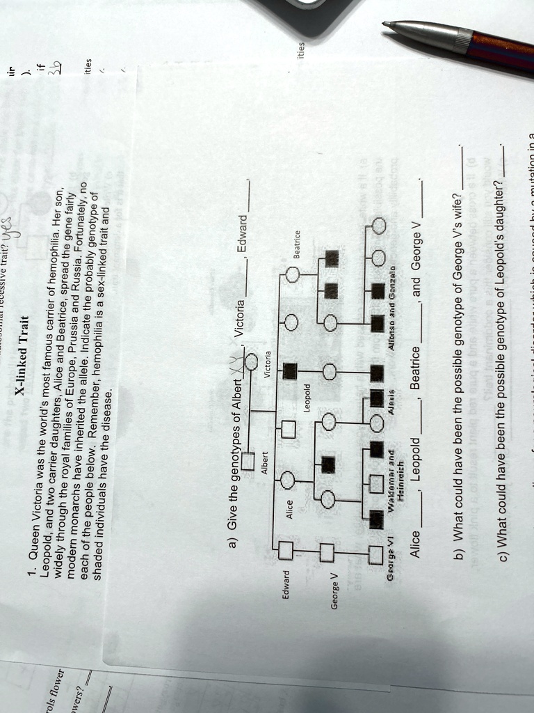 autosomal recessive trait yes x linked trait 1 queen victoria was the ...