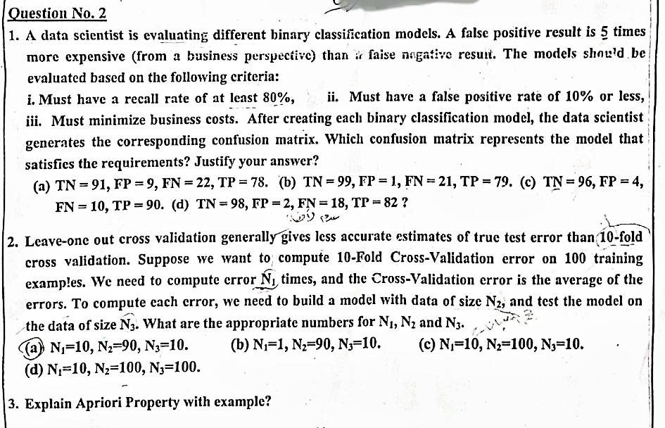 Solved Manual Solution Question No 2 1 A Data Scientist Is Evaluating Different Binary