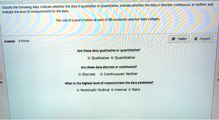 SOLVED: Text: qualitative - quantitative, indicate whether the data is ...