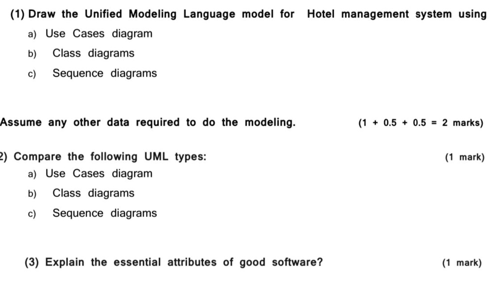 (1) Draw the Unified Modeling Language model for Hotel management ... (1) Draw the Unified Modeling Language model for Hotel management ...