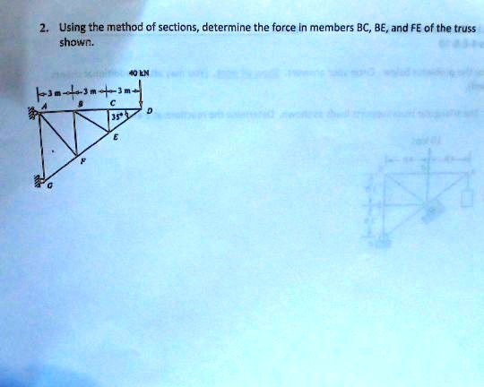 Using the method of sections, determine the force in members BC, BE, and FE of the truss shown.