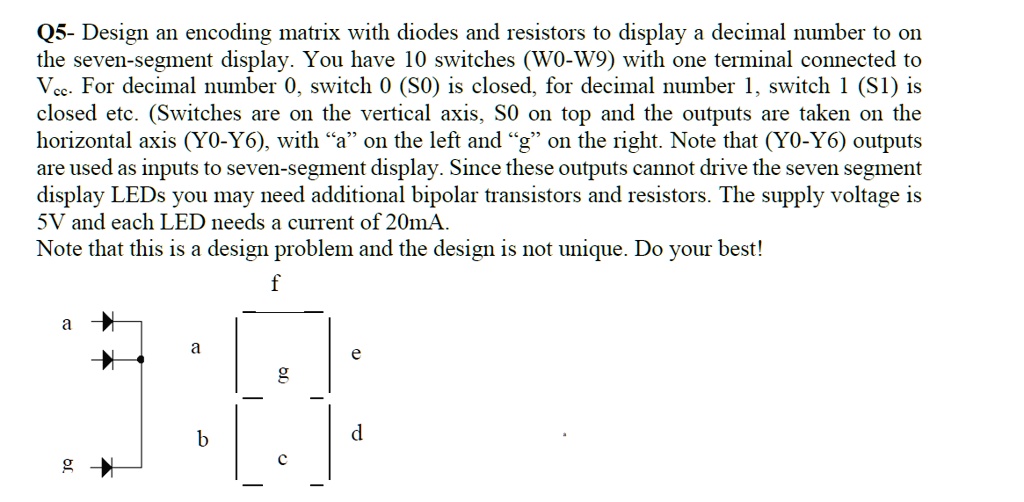 SOLVED: Q5 - Design an encoding matrix with diodes and resistors to display a decimal number on ...